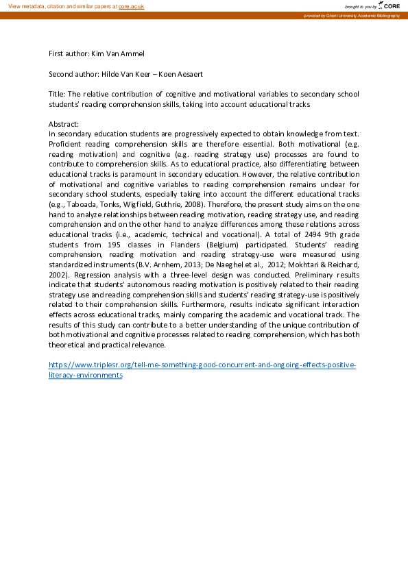 (PDF) The relative contribution of cognitive and motivational variables to secondary school ...