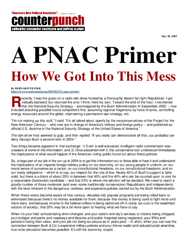 (PDF) A PNAC Primer: How We Got Into This Mess (2003-03-28 / CounterPunch)