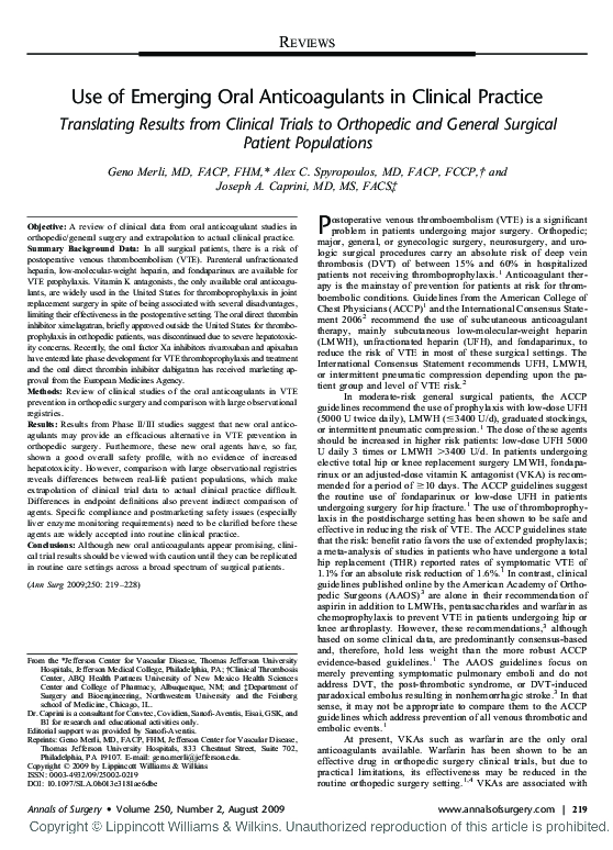 (PDF) Use of Emerging Oral Anticoagulants in Clinical Practice