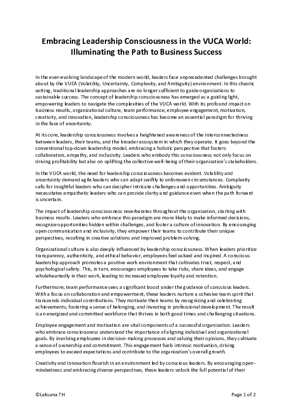 (PDF) Embracing Leadership Consciousness in the VUCA World