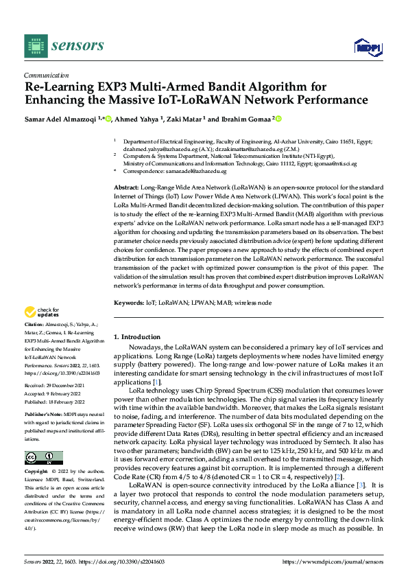 Pdf Re Learning Exp3 Multi Armed Bandit Algorithm For Enhancing The Massive Iot Lorawan