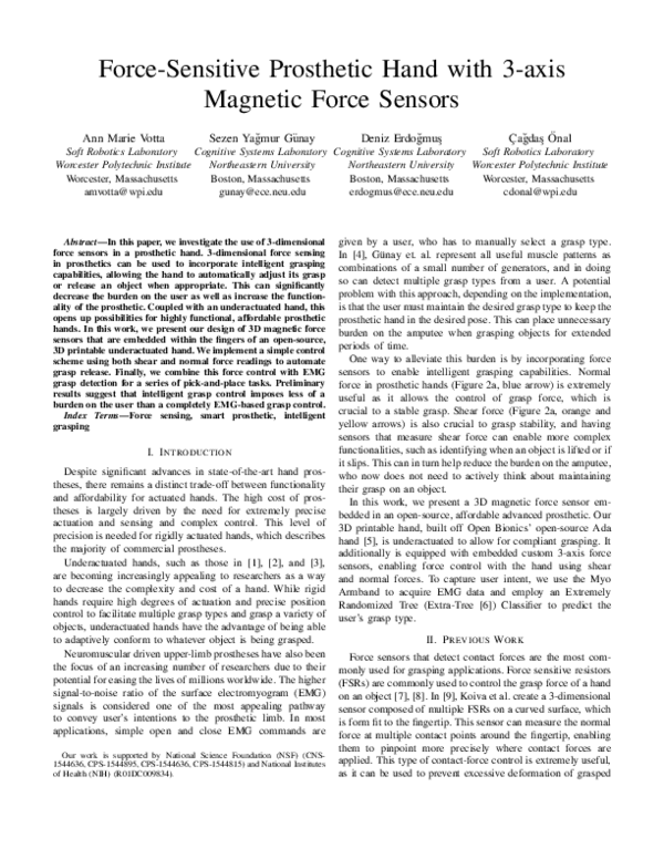 Pdf Force Sensitive Prosthetic Hand With 3 Axis Magnetic Force Sensors