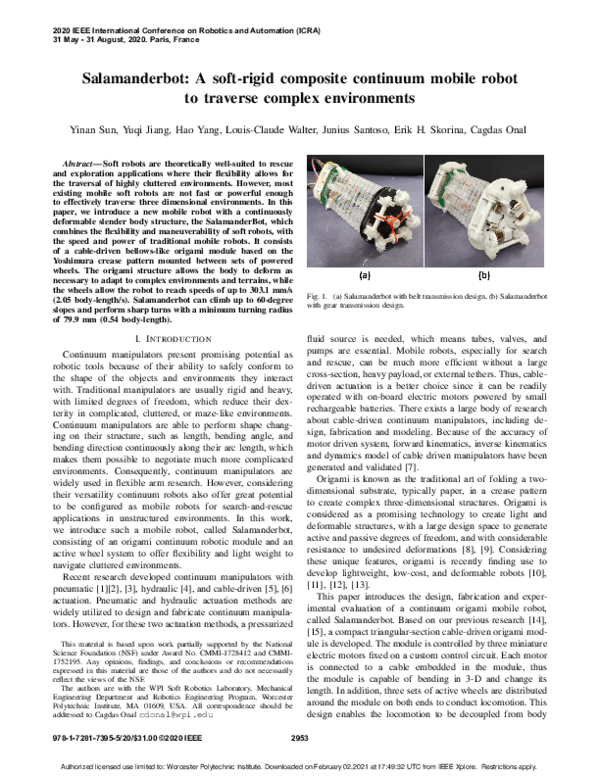 (PDF) Salamanderbot: A soft-rigid composite continuum mobile robot to traverse complex ...