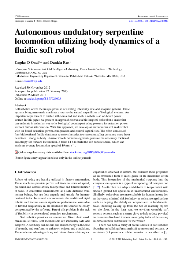(PDF) Autonomous undulatory serpentine locomotion utilizing body dynamics of a fluidic soft robot