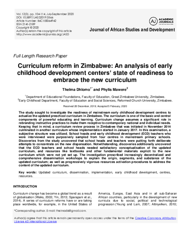 (PDF) Curriculum reform in Zimbabwe: An analysis of early childhood ...