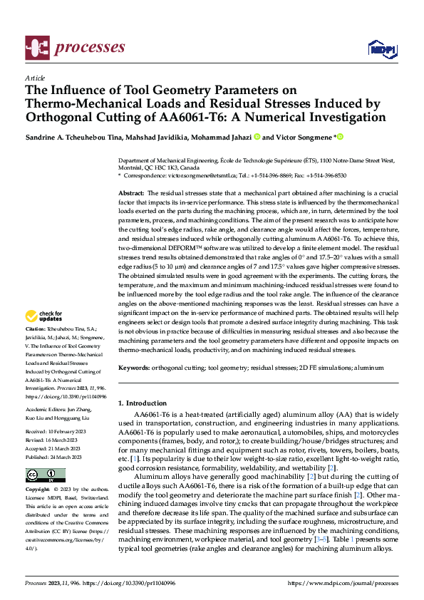 (PDF) The Influence of Tool Geometry Parameters on Thermo-Mechanical Loads and Residual Stresses ...