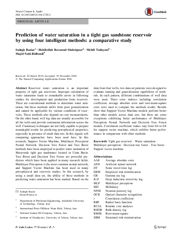 Pdf Prediction Of Water Saturation In A Tight Gas Sandstone Reservoir By Using Four