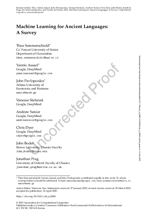 (PDF) Machine Learning for Ancient Languages: A Survey