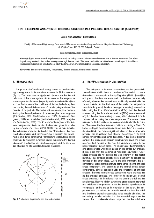(PDF) Finite Element Analysis of Thermal Stresses in a Pad-Disc Brake System (A Review)