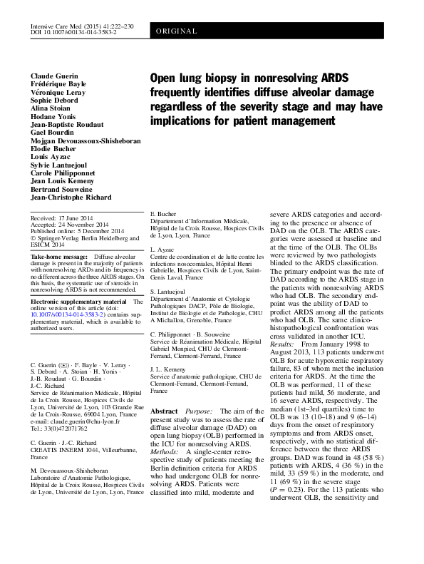 (PDF) Open lung biopsy in nonresolving ARDS frequently identifies ...