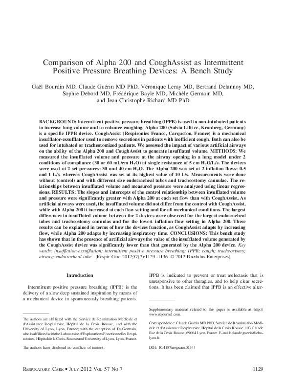 (PDF) Comparison of Alpha 200 and CoughAssist as Intermittent Positive ...