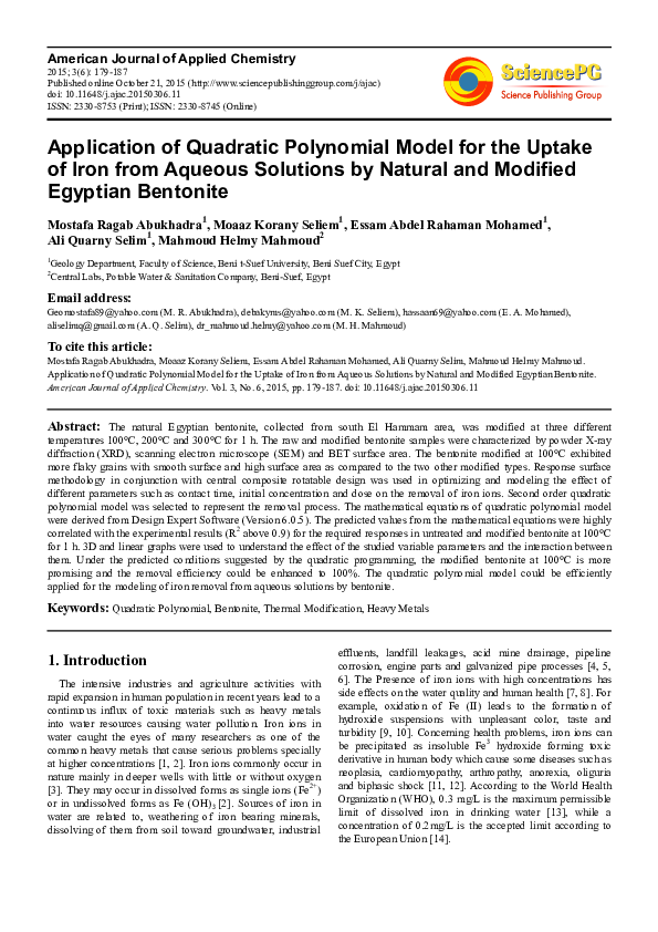(PDF) Application of Quadratic Polynomial Model for the Uptake of Iron ...