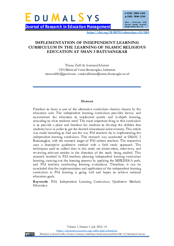 (PDF) Implementation of Independent Learning Curriculum in the Learning of Islamic Religious ...
