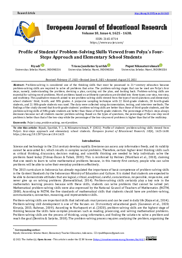 (PDF) Profile of Students’ Problem-Solving Skills Viewed from Polya's Four-Steps Approach and ...
