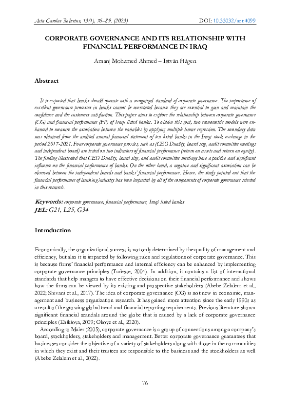 (PDF) Corporate Governance and Its Relationship with Financial Performance in Iraq