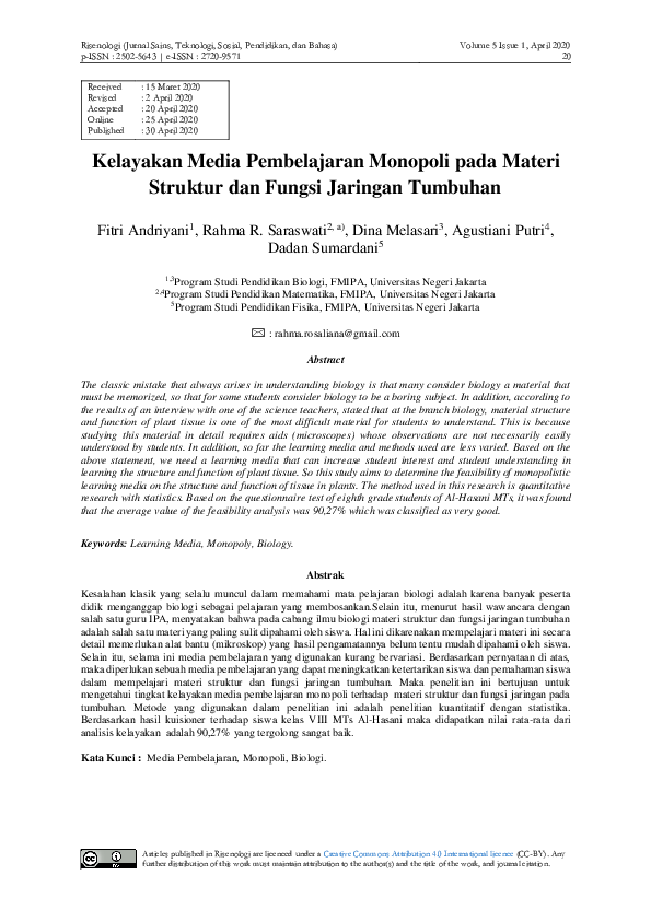 (PDF) Kelayakan Media Pembelajaran Monopoli pada Materi Struktur dan Fungsi Jaringan Tumbuhan