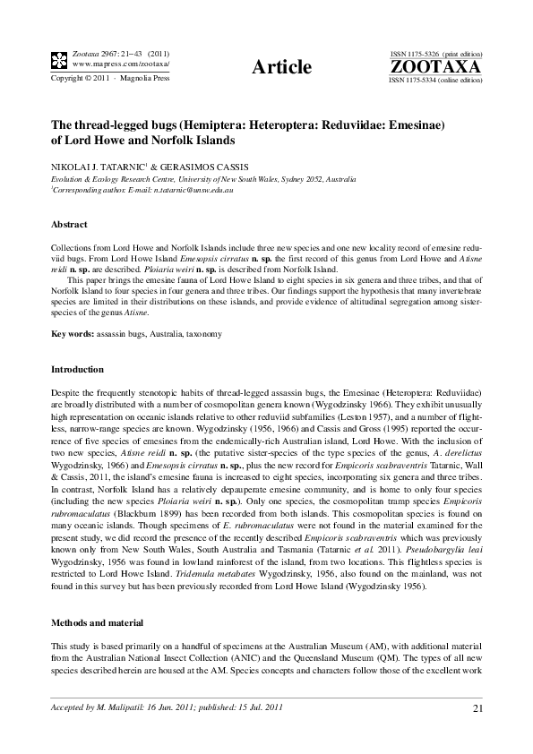 (PDF) The thread-legged bugs (Heteroptera: Reduviidae: Emesinae) of ...
