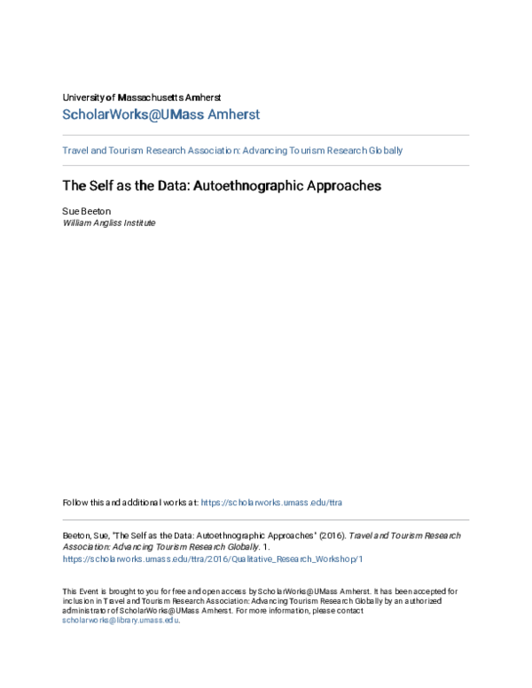 (PDF) The Self as the Data: Autoethnographic Approaches | Sue Beeton ...