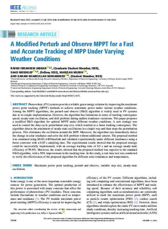 Pdf A Modified Perturb And Observe Mppt For A Fast And Accurate Tracking Of Mpp Under Varying