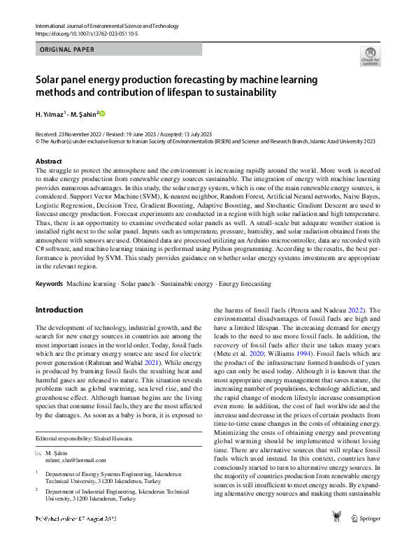 Pdf Solar Panel Energy Production Forecasting By Machine Learning Methods And Contribution Of
