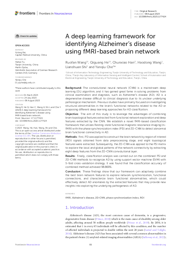 (PDF) A deep learning framework for identifying Alzheimer's disease using fMRI-based brain network