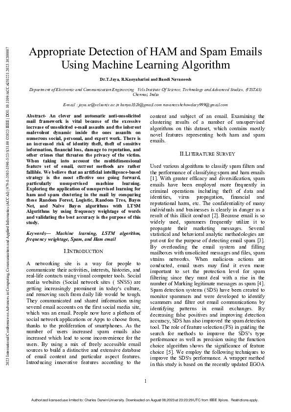 Pdf Appropriate Detection Of Ham And Spam Emails Using Machine Learning Algorithm