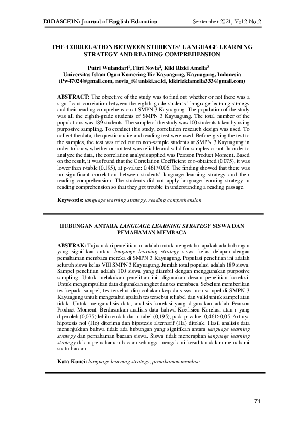 (PDF) The Correlation Between Students' Language Learning Strategy and Reading Comprehension