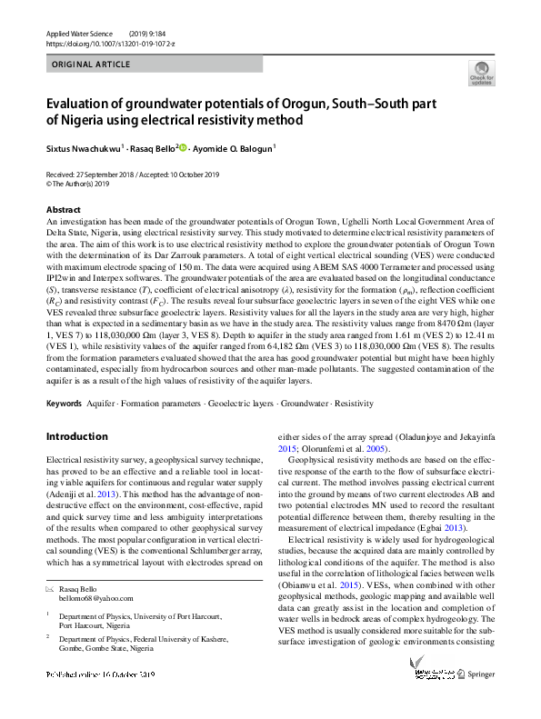 (PDF) Evaluation of groundwater potentials of Orogun, South–South part ...