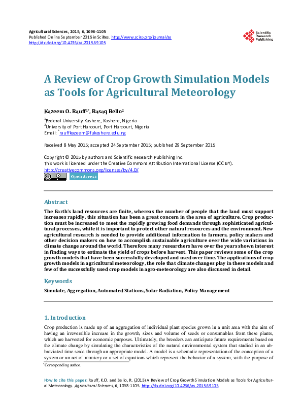 (PDF) A Review of Crop Growth Simulation Models as Tools for ...
