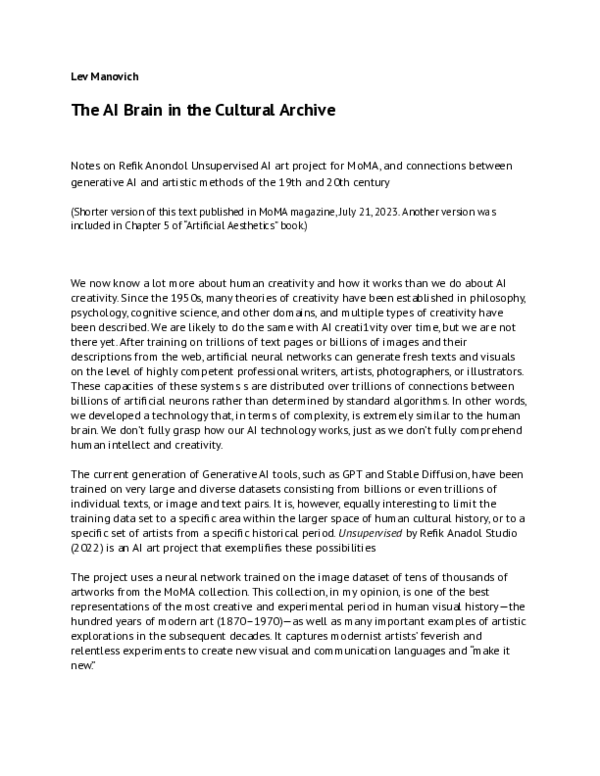(PDF) Lev Manovich AI Brain in the Cultural Archive 2023