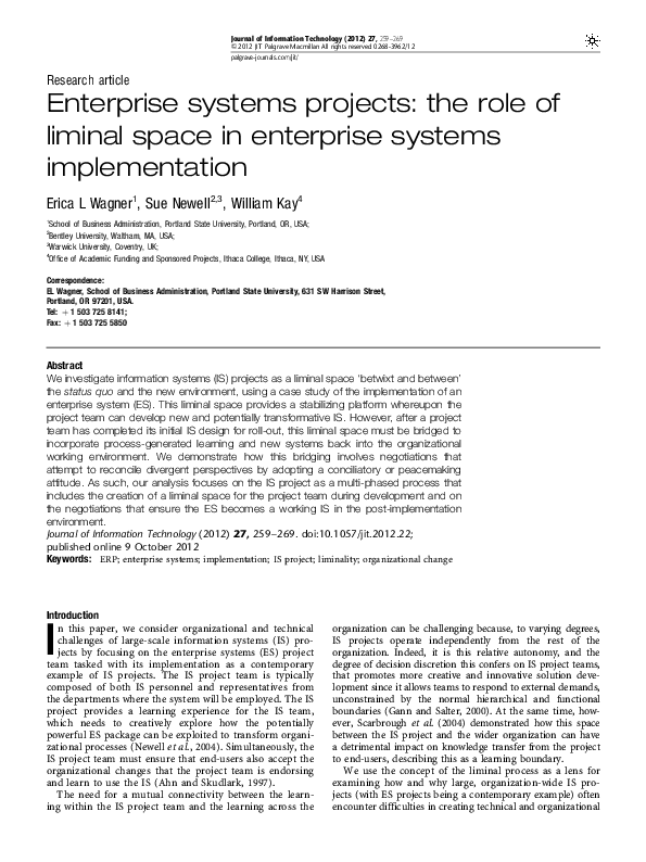 (PDF) Enterprise Systems Projects: The Role of Liminal Space in Enterprise Systems Implementation