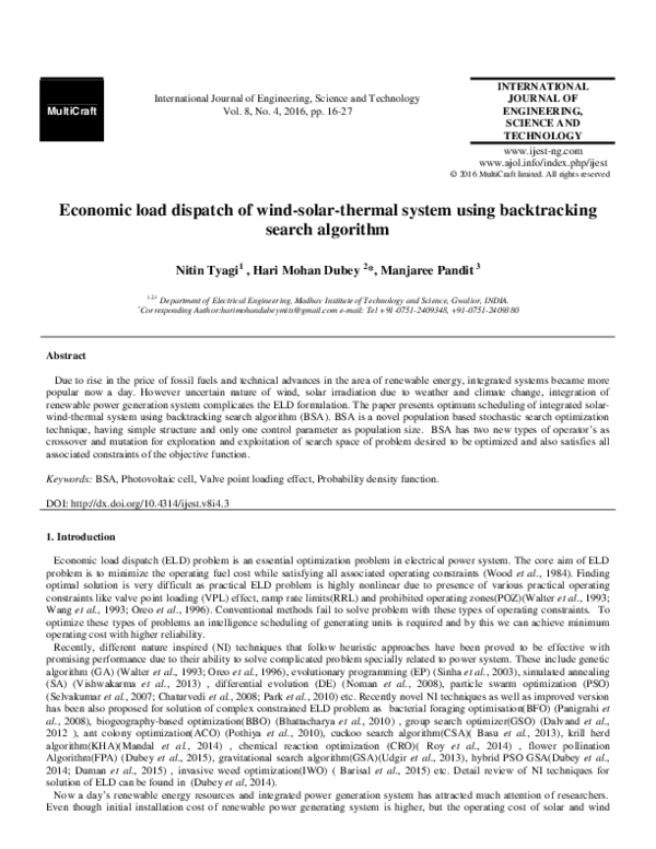 Pdf Economic Load Dispatch Of Wind Solar Thermal System Using Backtracking Search Algorithm