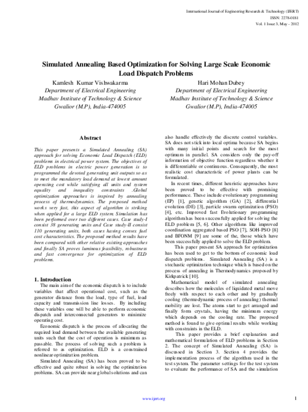 Pdf Simulated Annealing Based Optimization For Solving Large Scale Economic Load Dispatch Problems