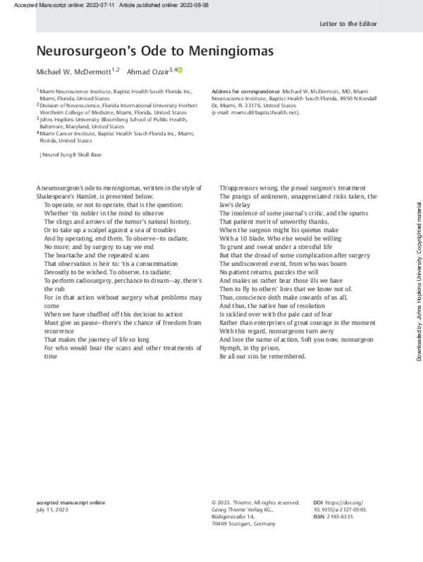 (PDF) Neurosurgeon's Ode to Meningiomas
