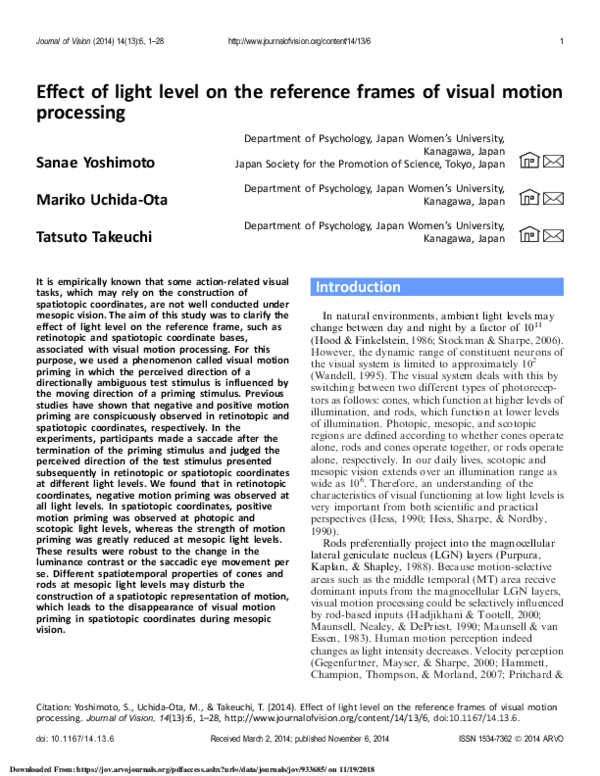 (PDF) Effect of light level on the reference frames of visual motion processing | Tatsuto ...