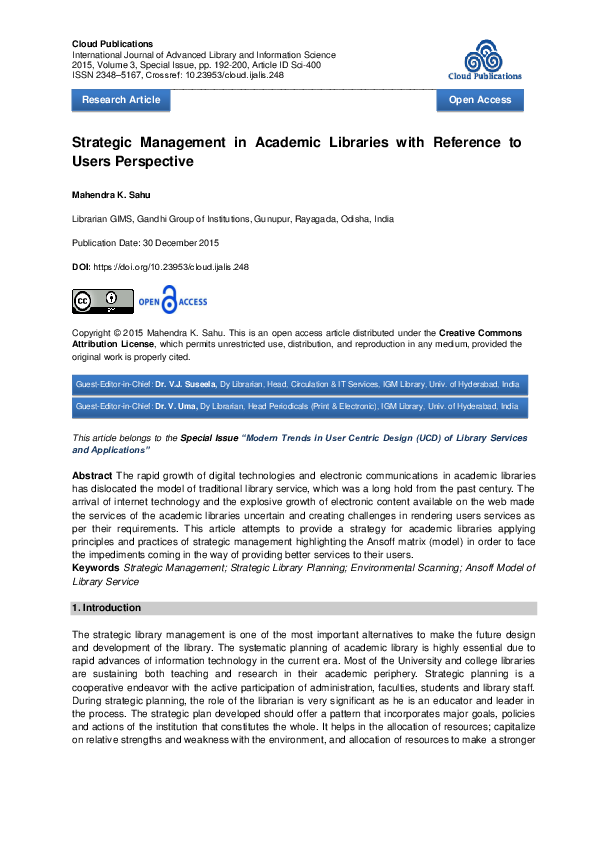 (PDF) Strategic Management in Academic Libraries with Reference to ...