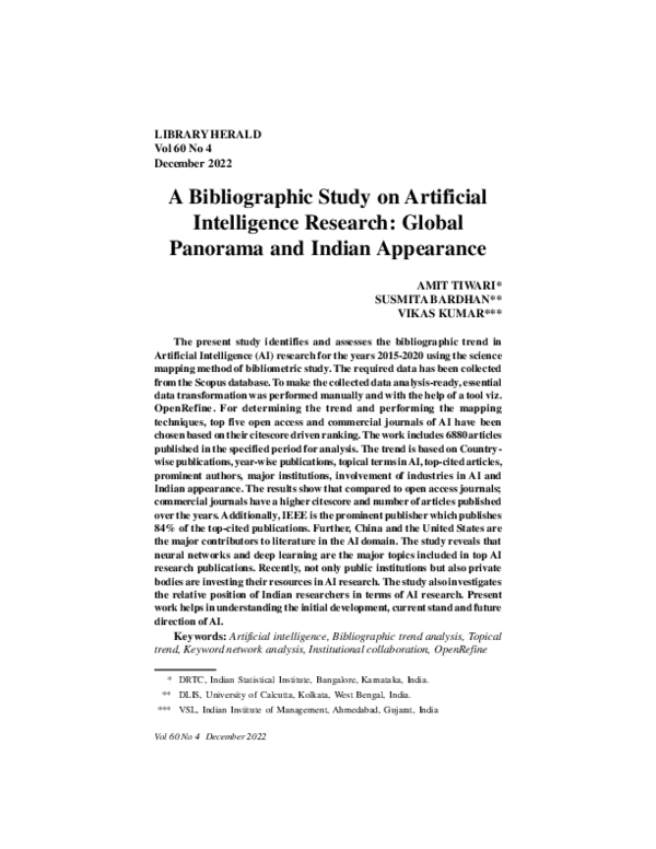 (PDF) A Bibliographic Study on Artificial Intelligence Research: Global ...