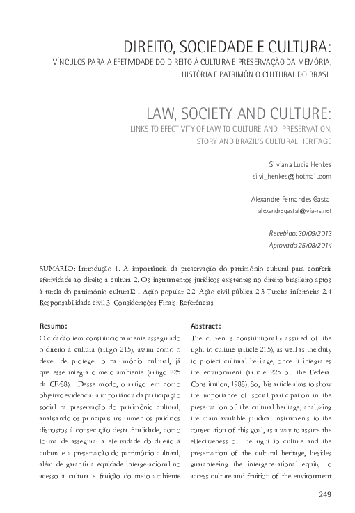 (PDF) Direito, Sociedade e Cultura:V nculos Para a Efetividade Do Direito Cultura e Preserva o ...