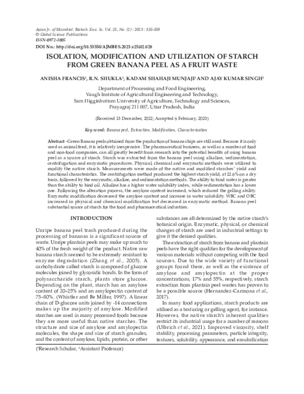 (PDF) Isolation, Modification and Utilization of Starch from Green Banana Peel as a Fruit Waste