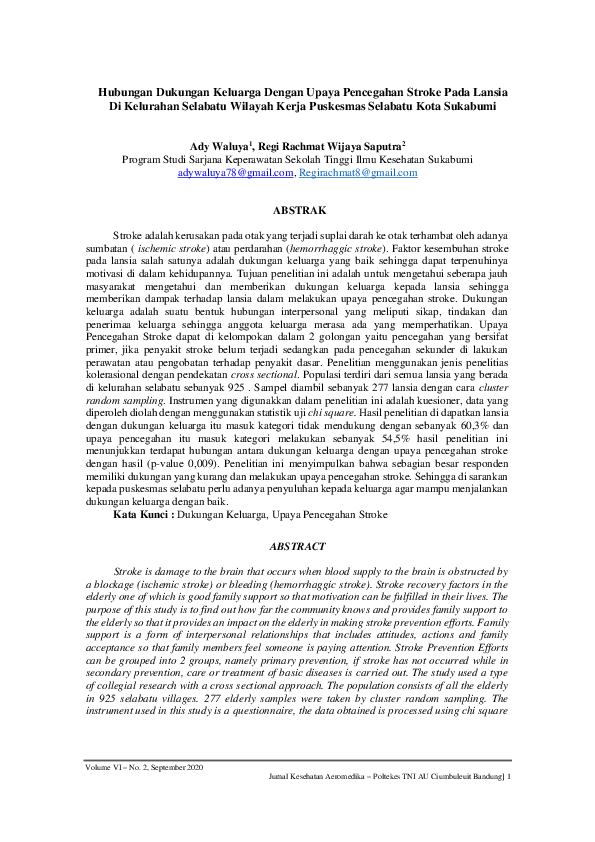 (PDF) Hubungan Dukungan Keluarga Dengan Upaya Pencegahan Stroke Pada Lansia Di Kelurahan ...