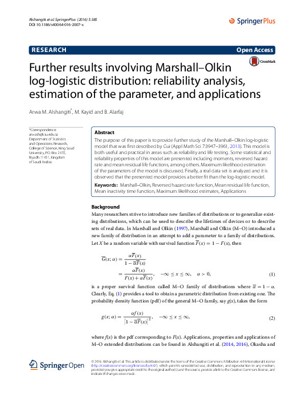 (PDF) Further results involving Marshall–Olkin log-logistic distribution: reliability analysis ...