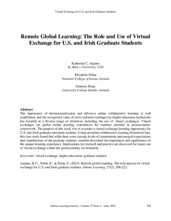 (PDF) Remote Global Learning: The Role and Use of Virtual Exchange for U.S. and Irish Graduate ...