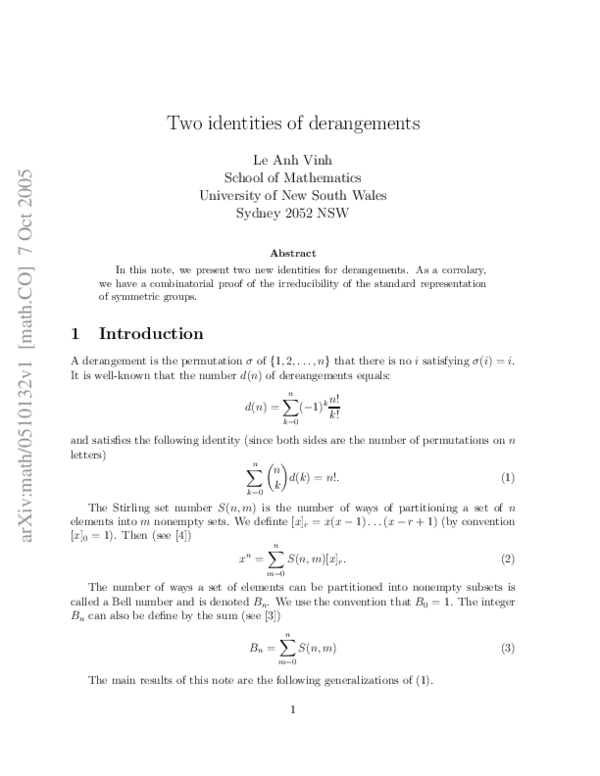 (PDF) Two identities of derangements