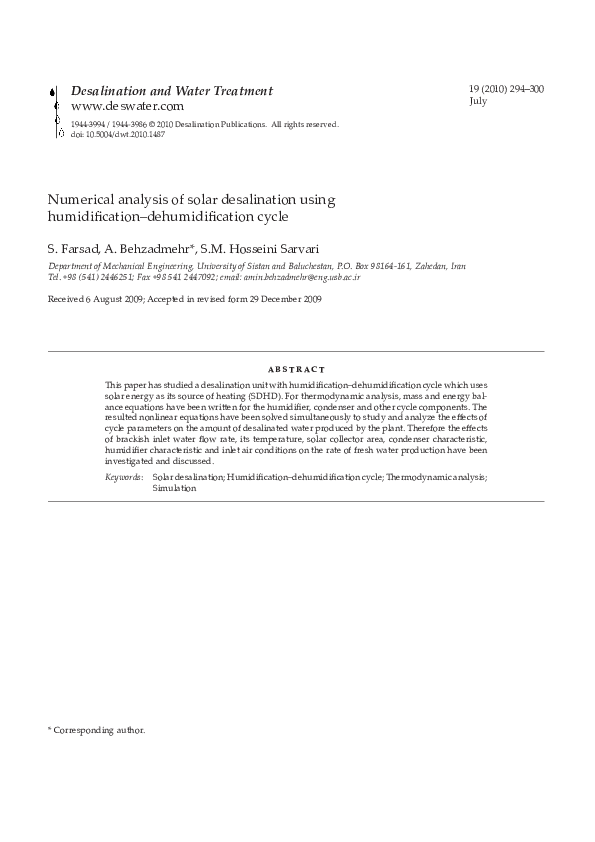 (PDF) Numerical analysis of solar desalination using humidification ...