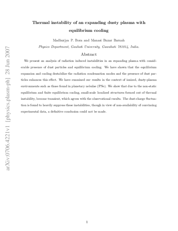 (PDF) Thermal instability of an expanding dusty plasma with equilibrium cooling