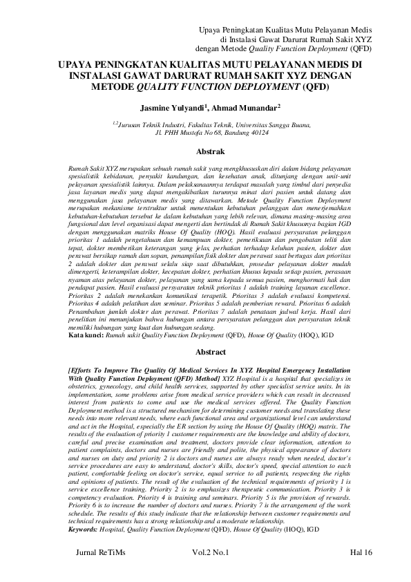 (PDF) Upaya Peningkatan Kualitas Mutu Pelayanan Medis Di Instalasi Gawat Darurat Rumah Sakit XYZ ...