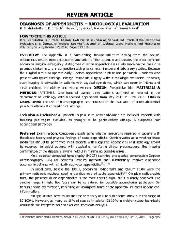(PDF) Diagnosis of Appendicitis – Radiological Evaluation