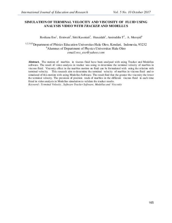 (PDF) Simulation of Terminal Velocity and Viscosity of Fluid Using Analysis Video with Tracker ...