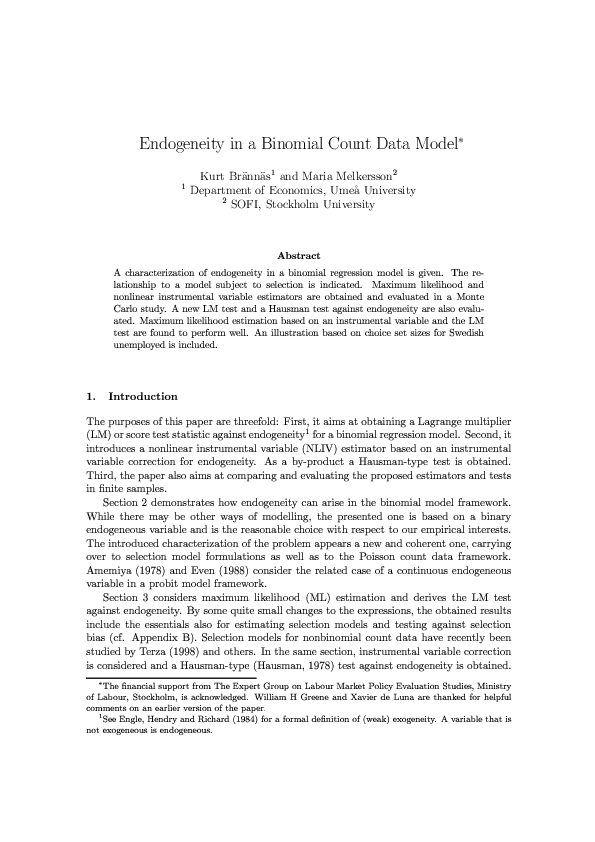 (PDF) Endogeneity in a Binomial Model