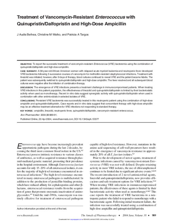 (PDF) Treatment of Vancomycin-Resistant Enterococcus with Quinupristin ...
